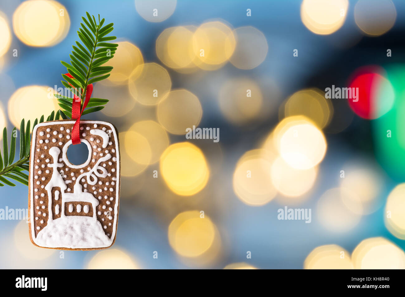 Detail of ornate gingerbread on blurred background with bokeh. Festive ...