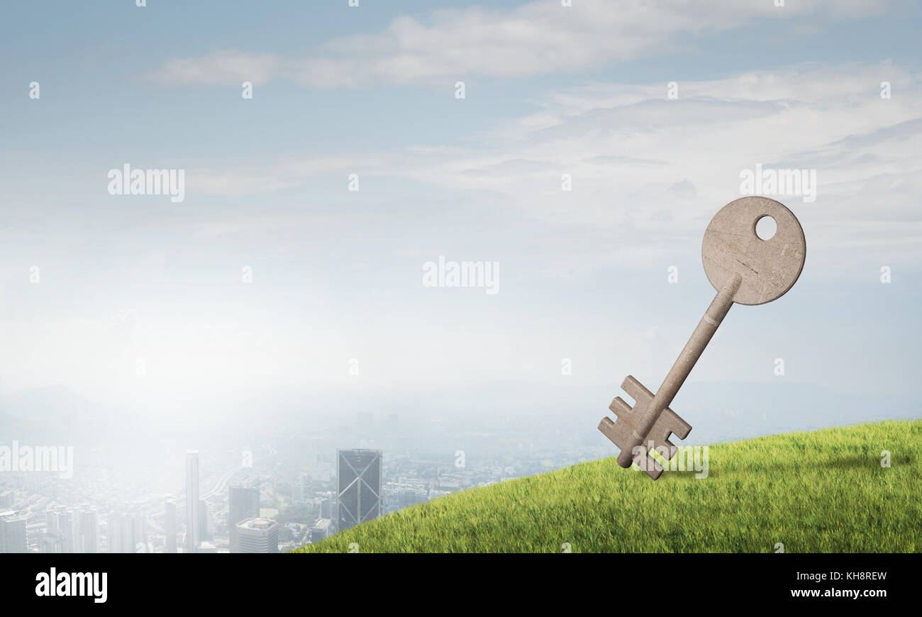 Conceptual background image of concrete key sign and natural landscape ...