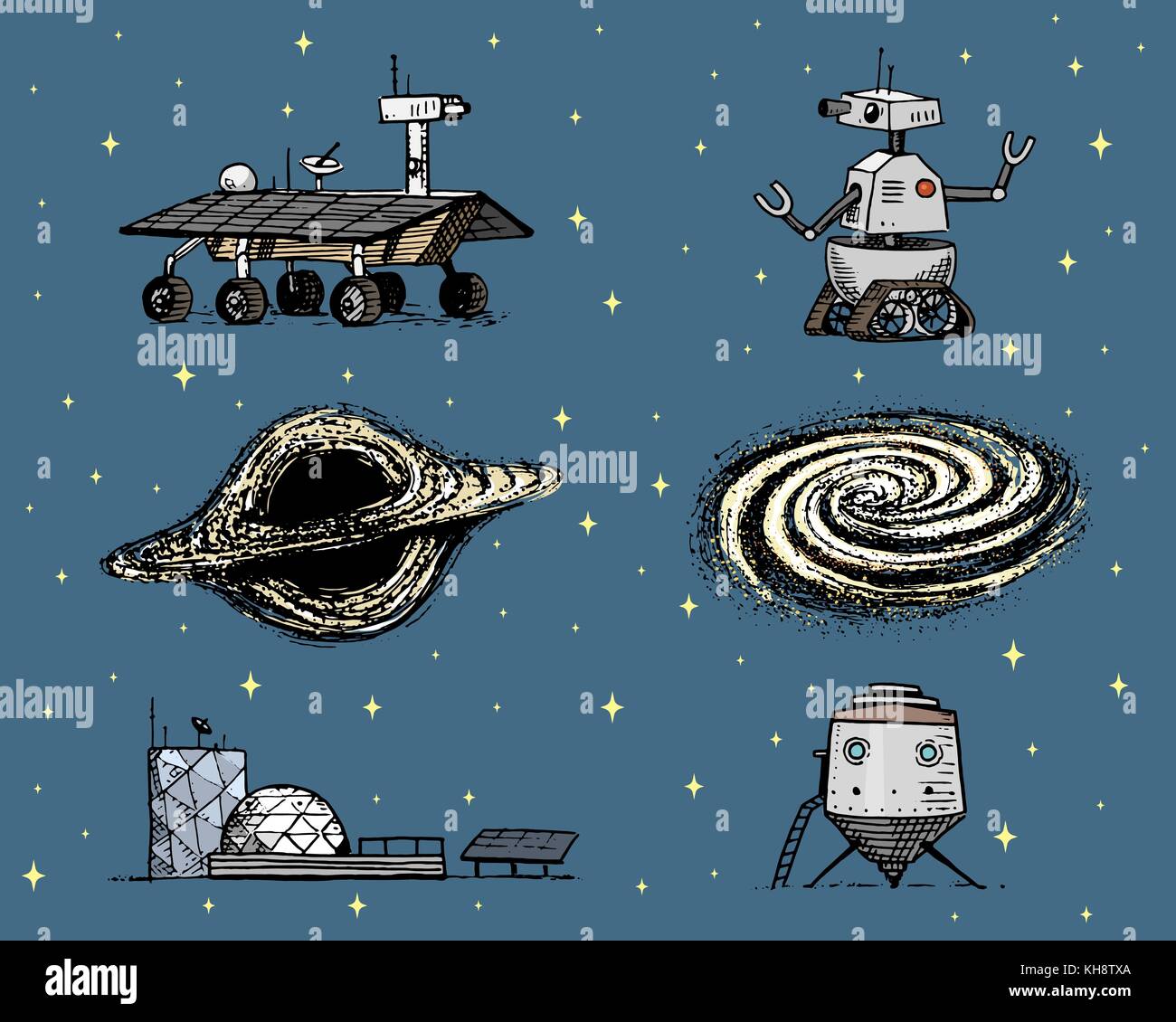 space shuttle, black hole and galaxy, robot and mars, lunar rover ...