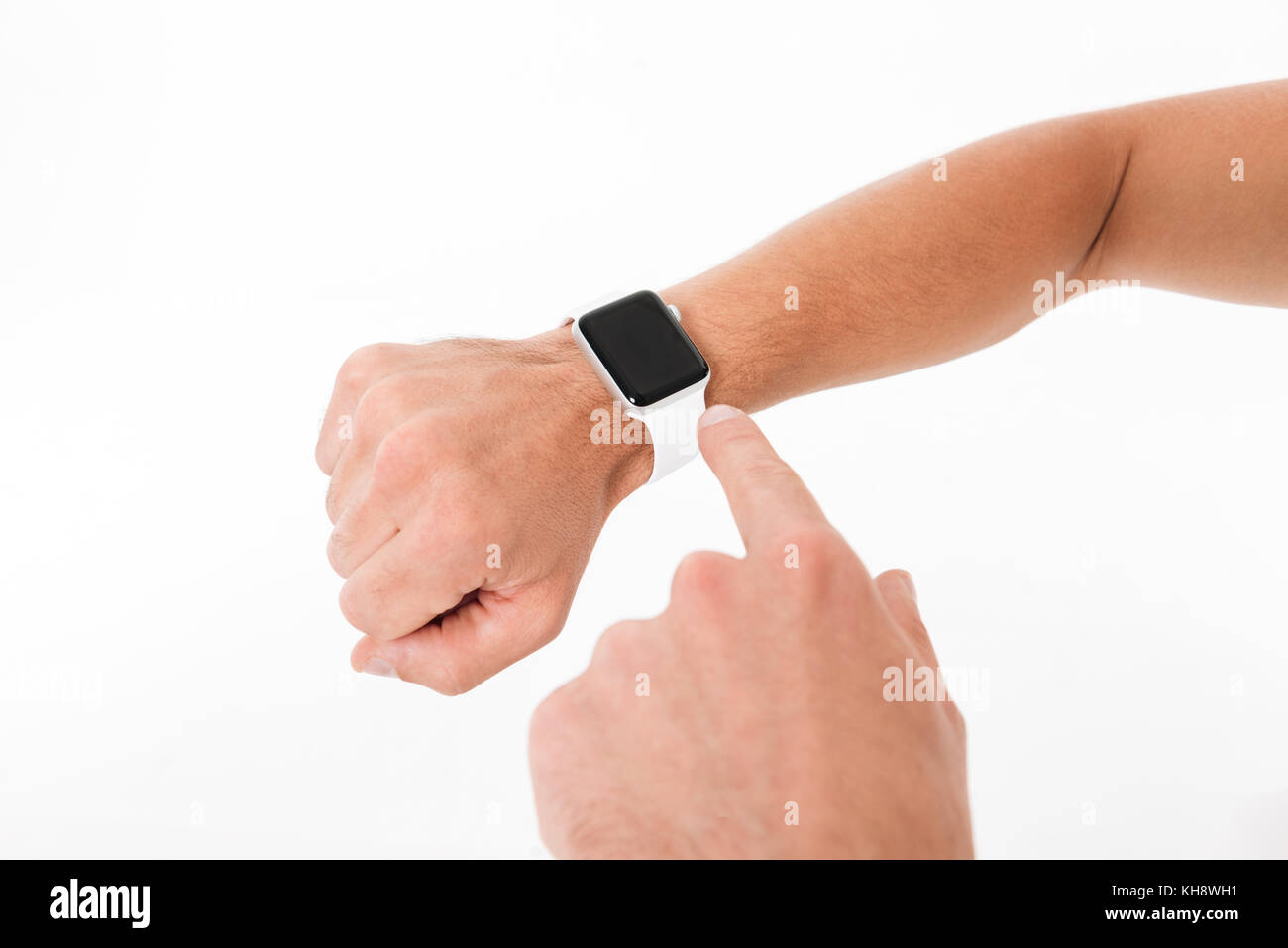 Close up portrait of a male hands pointing finger at blank screen smart ...