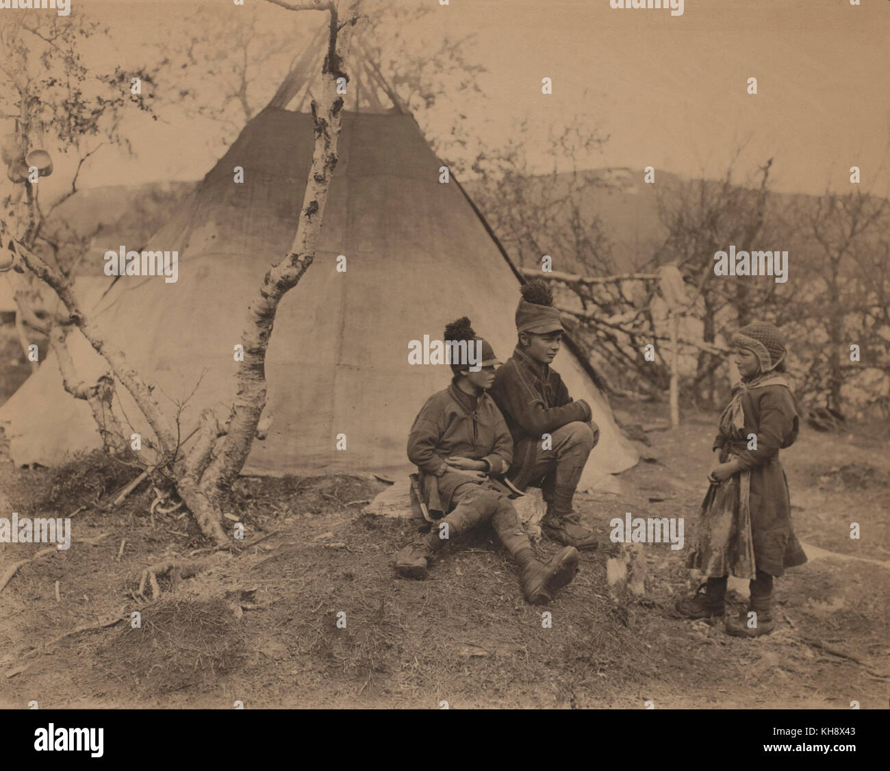 Portrait of Three Lapp Children near Tent, Palnoviken, Sweden, 1910 ...