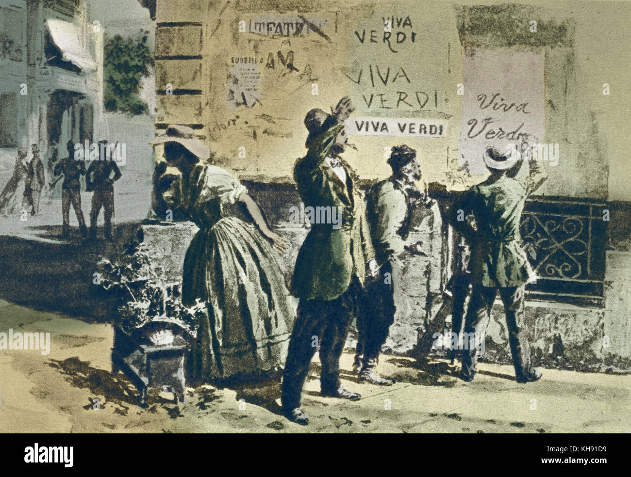People writing 'Viva Verdi' on a wall, 1859. There was popular support for Verdi at the time of ...