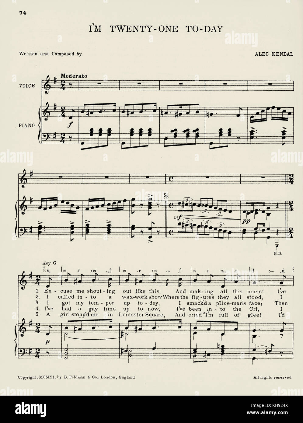 'I'm Twenty-One Today' - song score written and composed by Alec Kendal ...