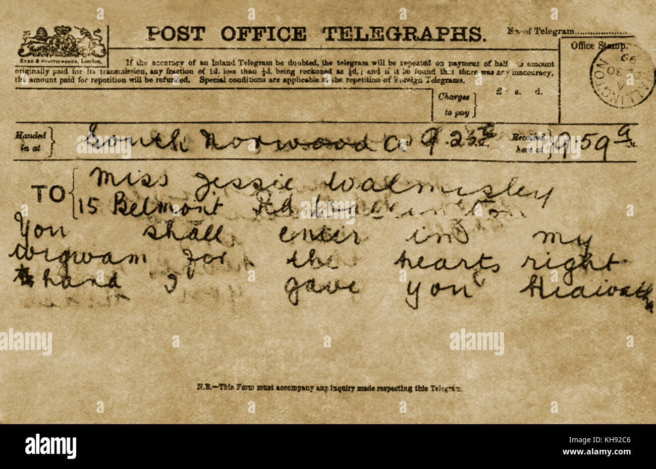 Samuel Coleridge Taylor 's telegram to his wife on their wedding day ...