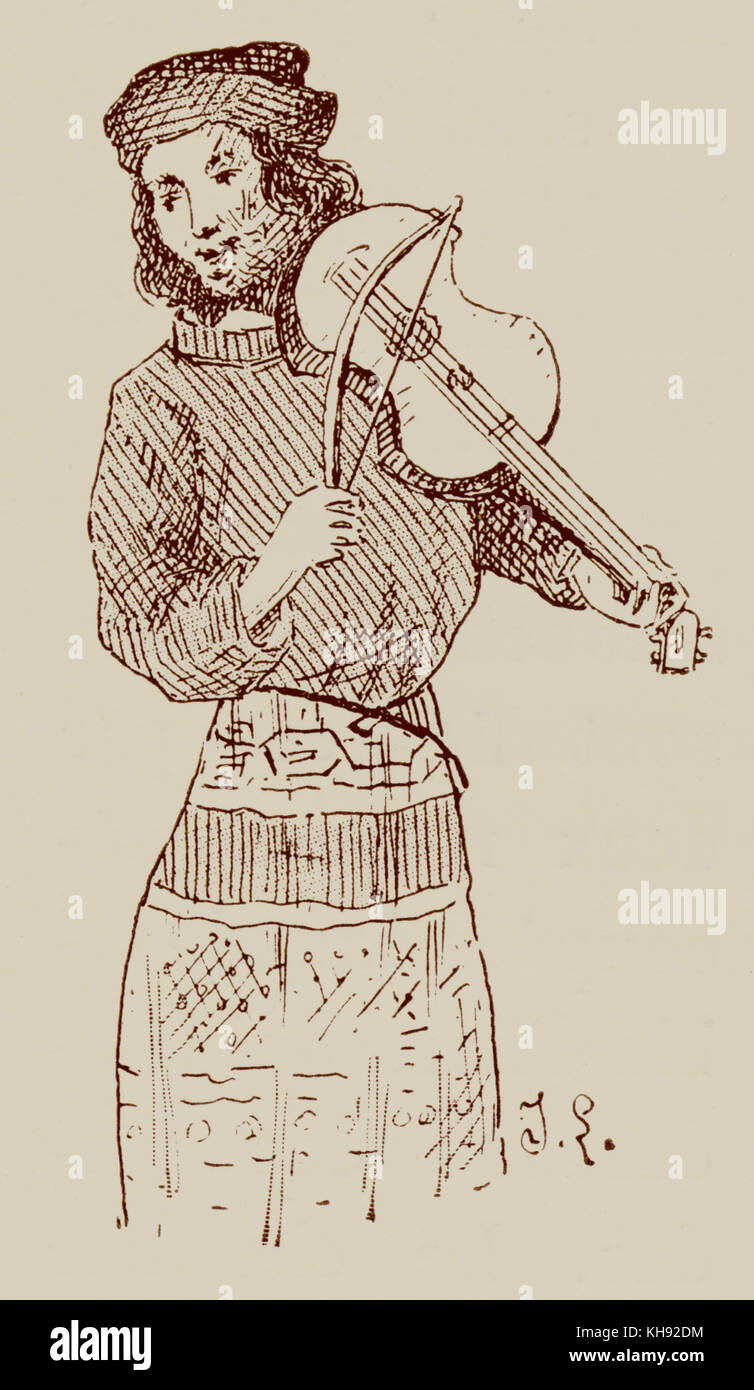 Musician playing four- stringed viol. From illustration in psalter of ...