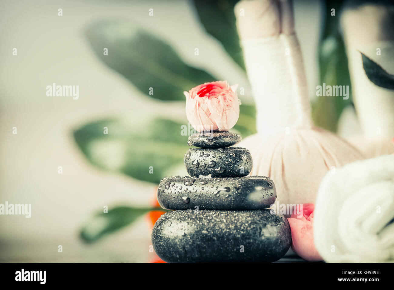 Spa hot stone massage concept with flowers and palm leaves, front view ...