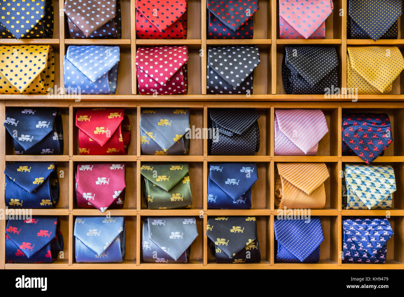 View of different colors ties in the showcase Stock Photo - Alamy
