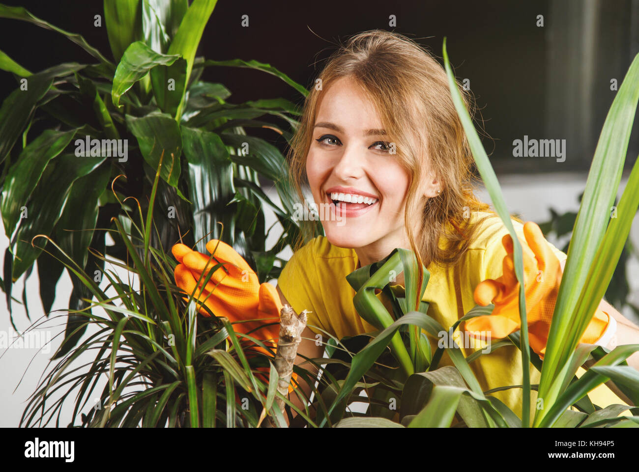Cheerful girl taking care of green plants Stock Photo - Alamy