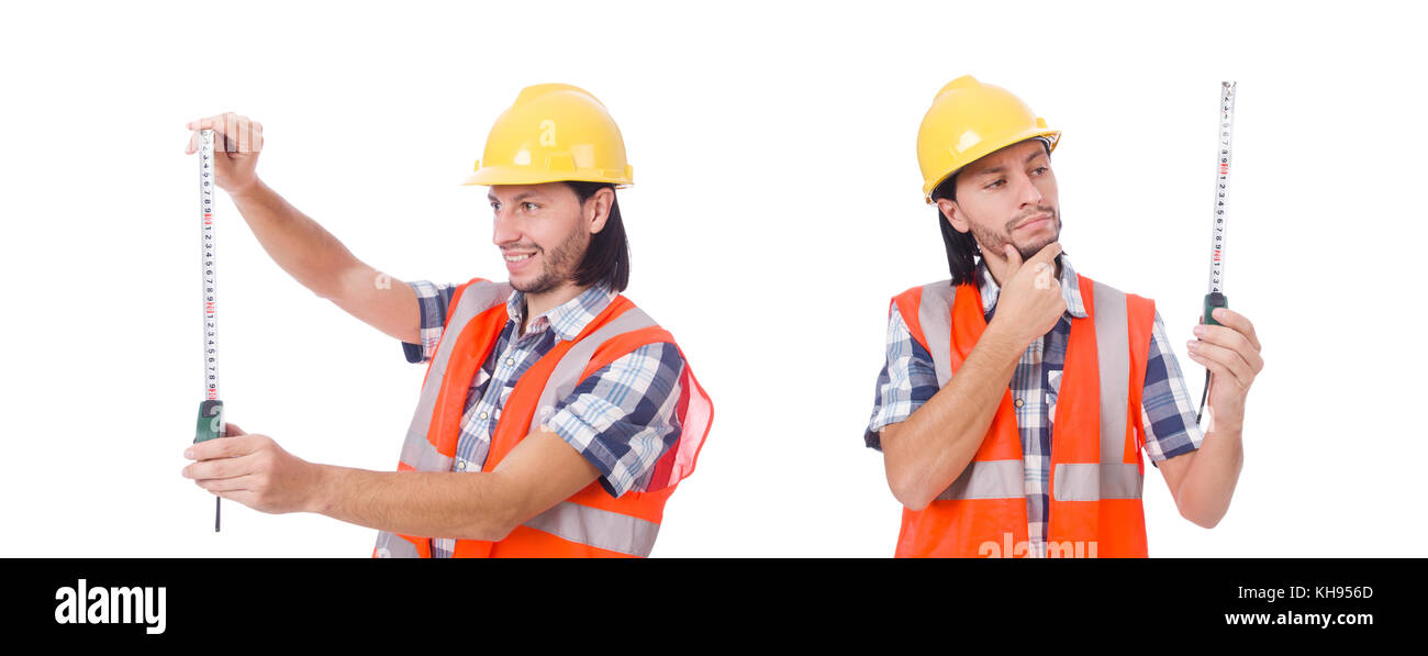 Construction worker with tape-line isolated on white Stock Photo - Alamy
