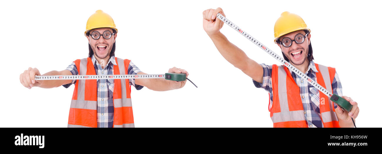 Foreman with tape-measure isolated on white Stock Photo - Alamy