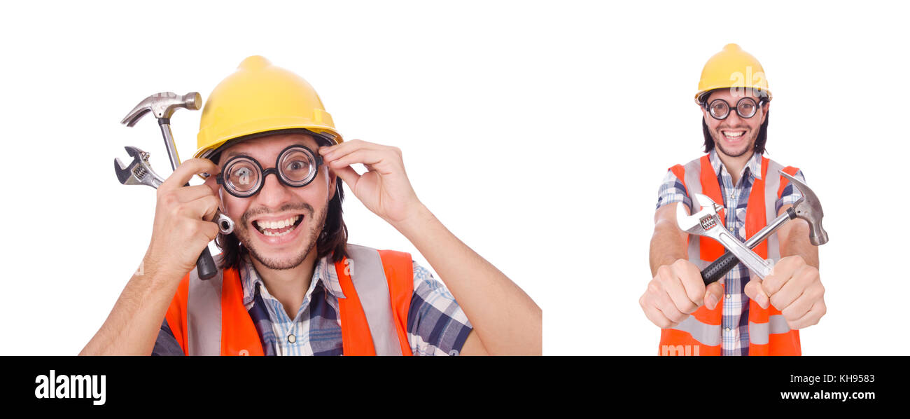 Funny construction worker with hammer and wrench isolated on white ...