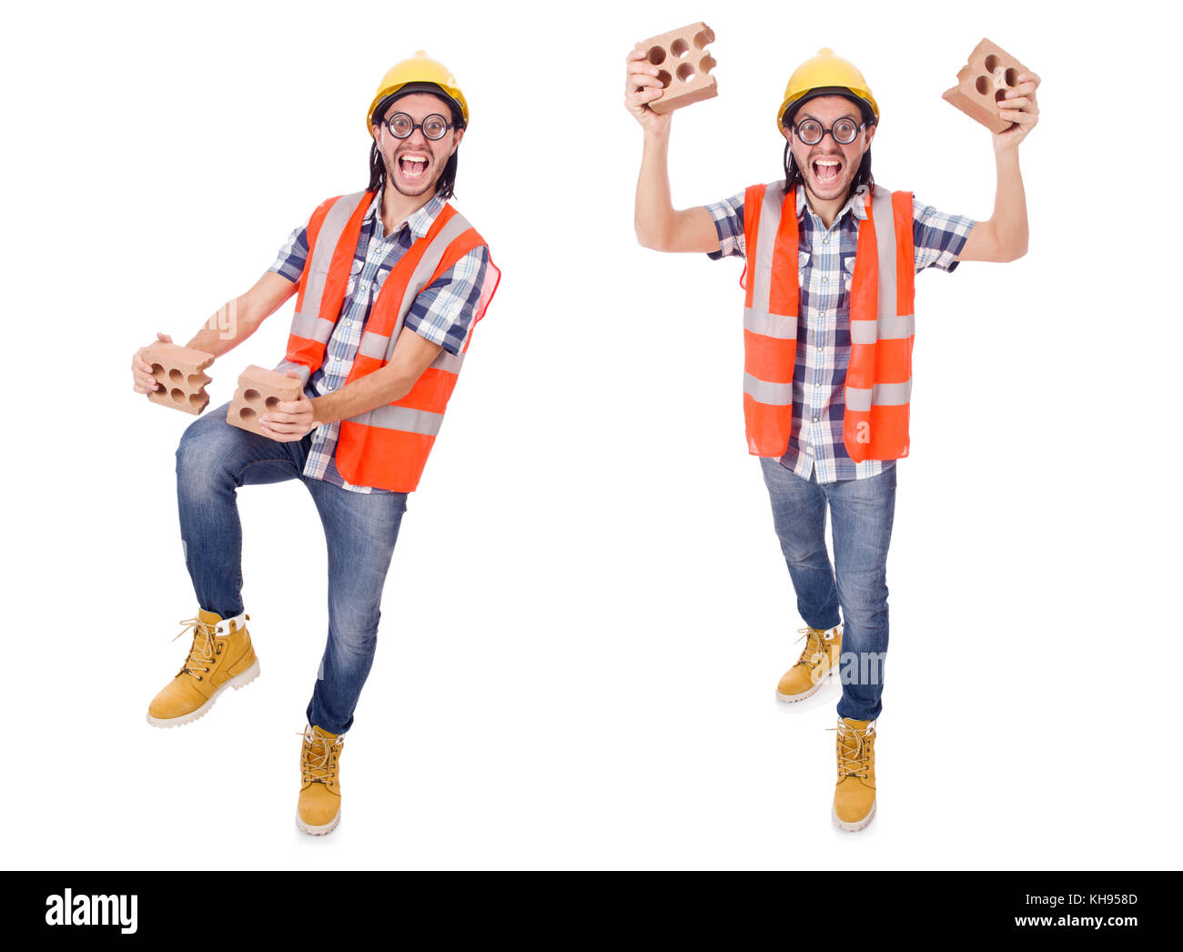 Funny young construction worker with broken brick isolated on white ...