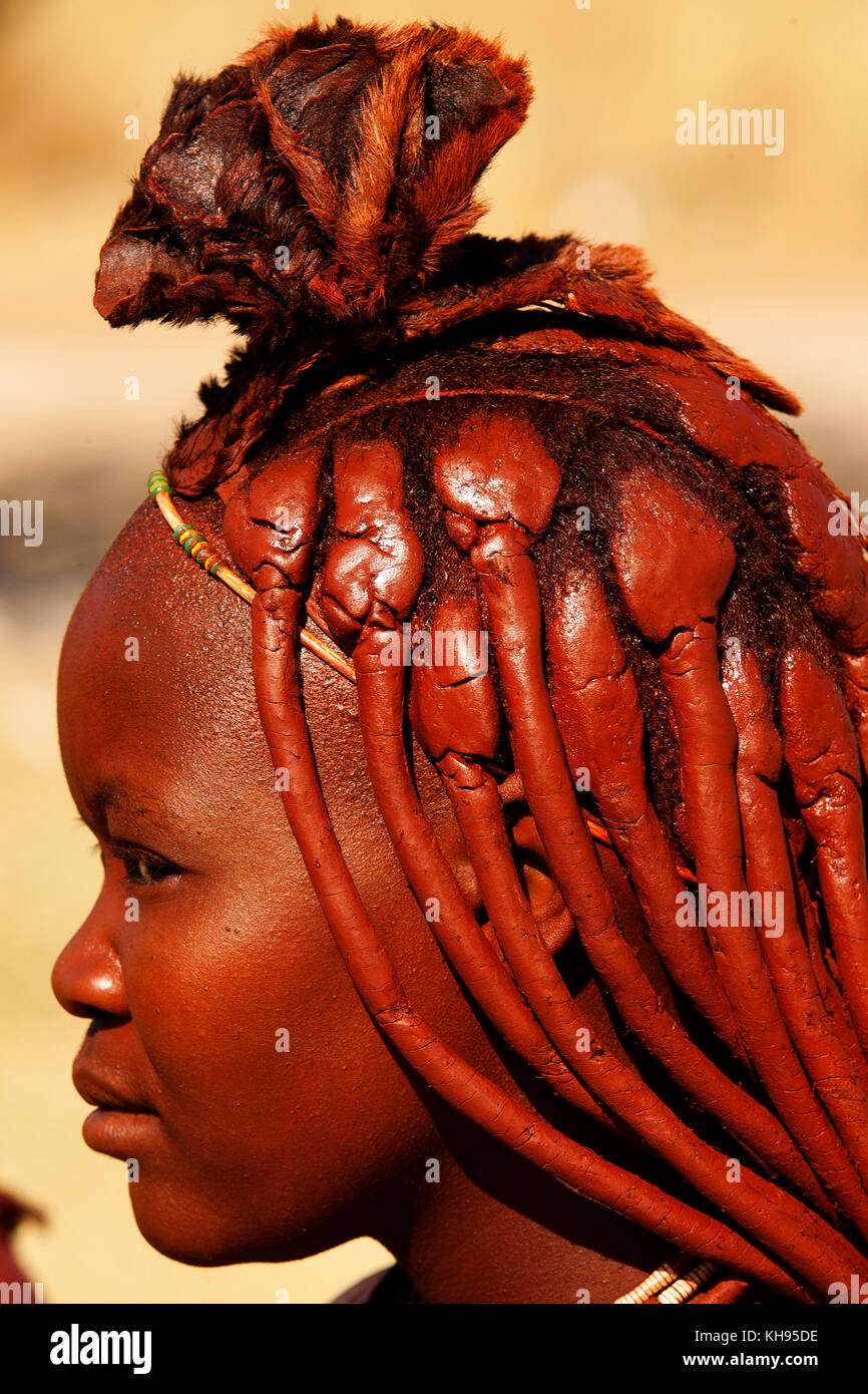 Detail of a Himba woman hair style at Outjo town, Namibia Stock Photo ...