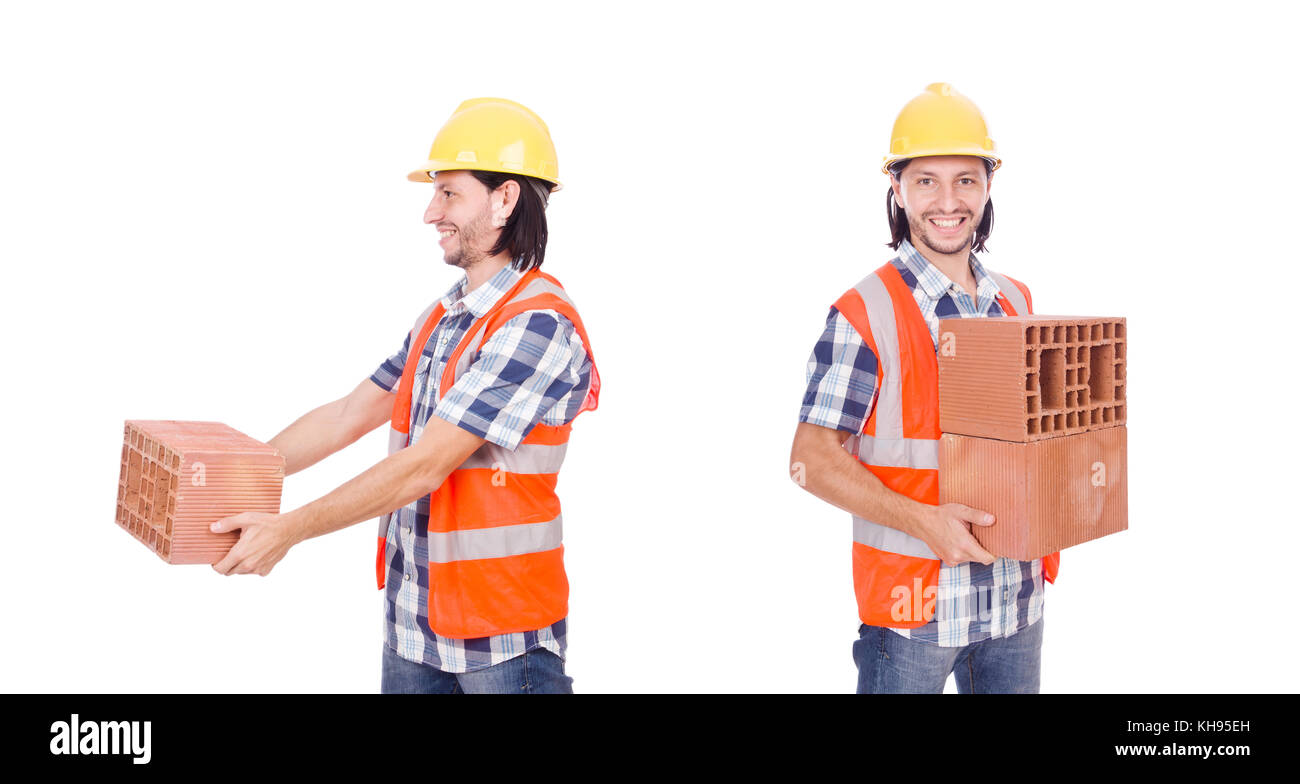 Builder with clay bricks isolated on white Stock Photo - Alamy