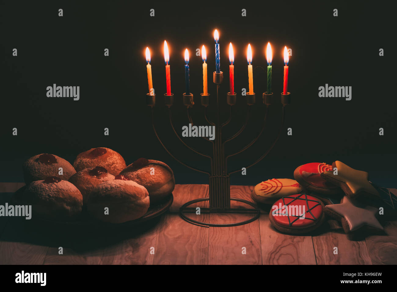 menorah, doughnuts and cookies for hanukkah Stock Photo - Alamy