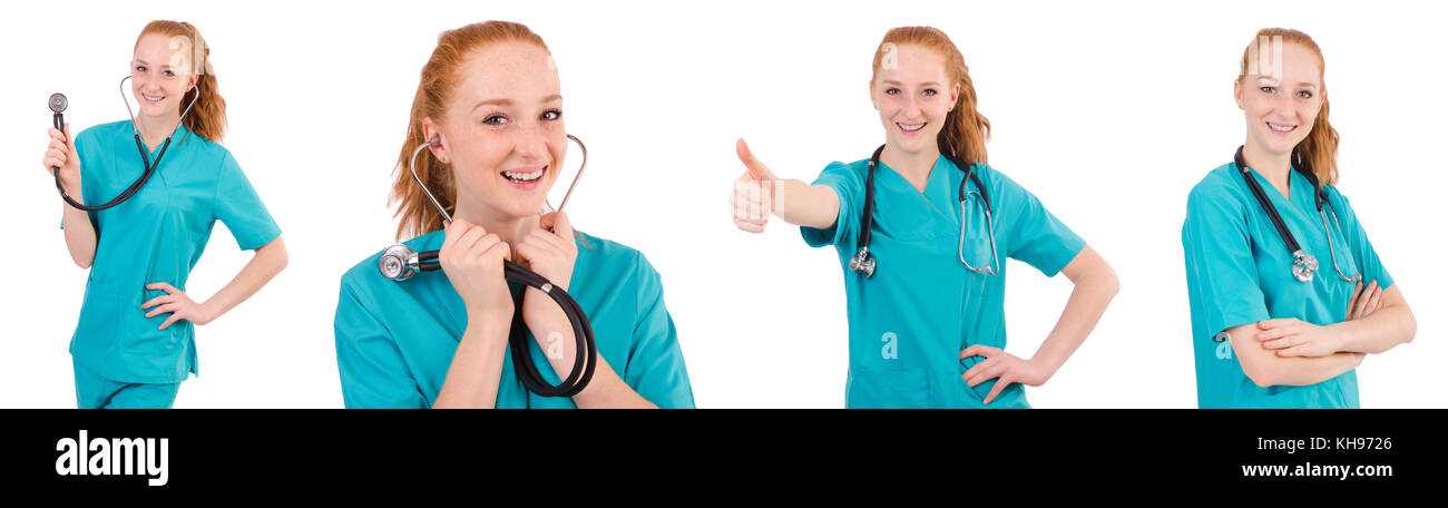 Young medical trainee with stethoscope isolated on white Stock Photo ...