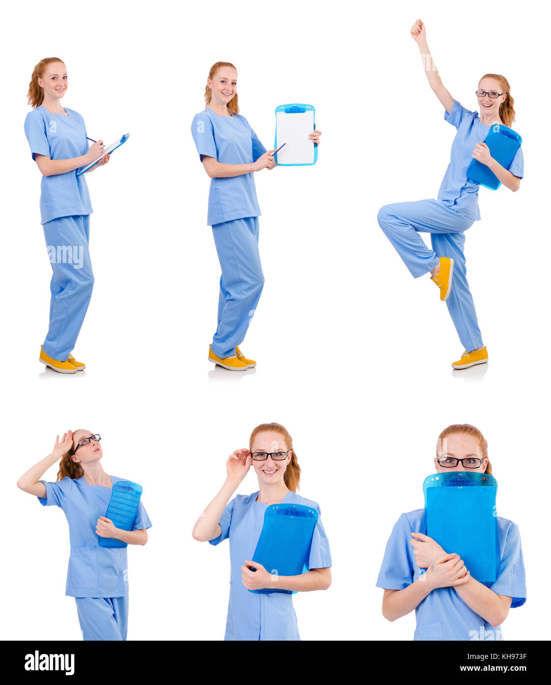 Pretty dancing doctor in blue uniform with documents isolated on white ...
