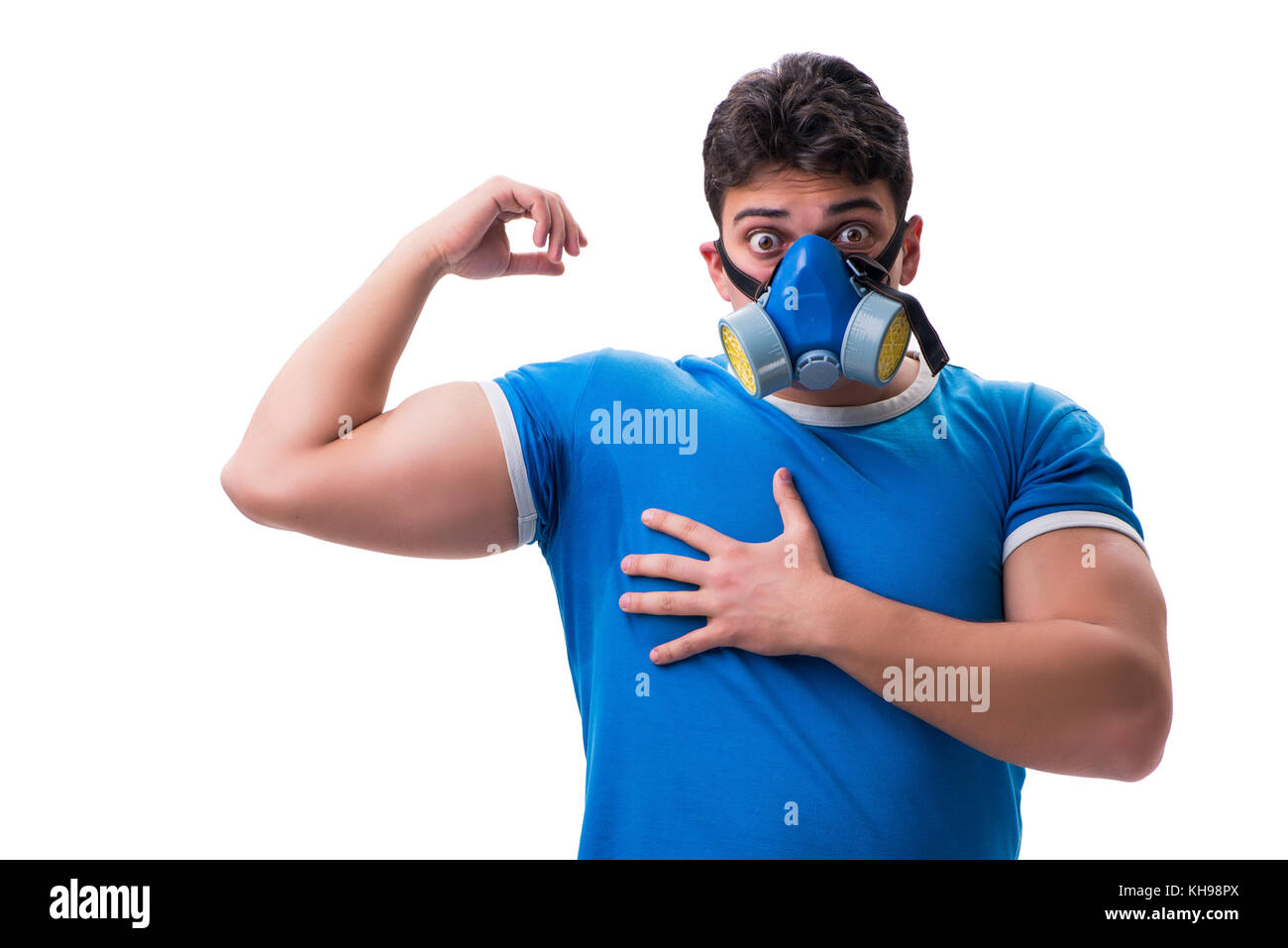 Man sweating excessively smelling bad isolated on white background ...
