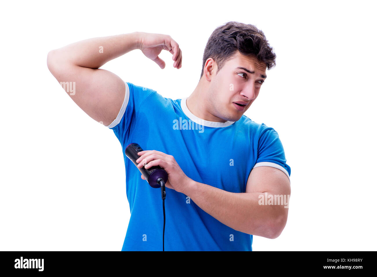 Man sweating excessively smelling bad isolated on white background ...