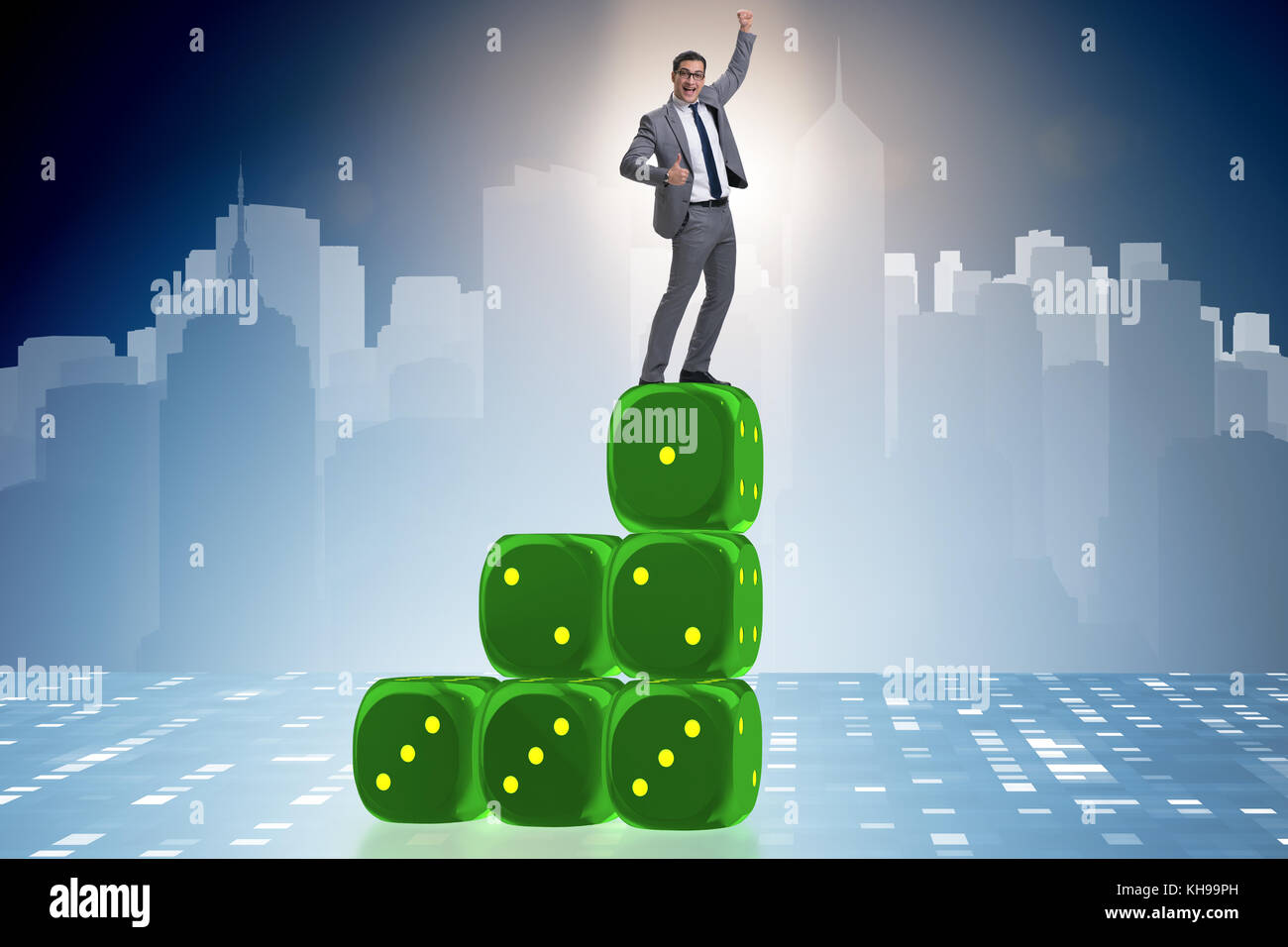 Businessman balancing on top of dice stack in uncertainty concept Stock ...