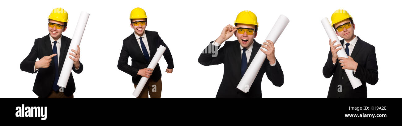 Funny architect with drawings on white Stock Photo - Alamy