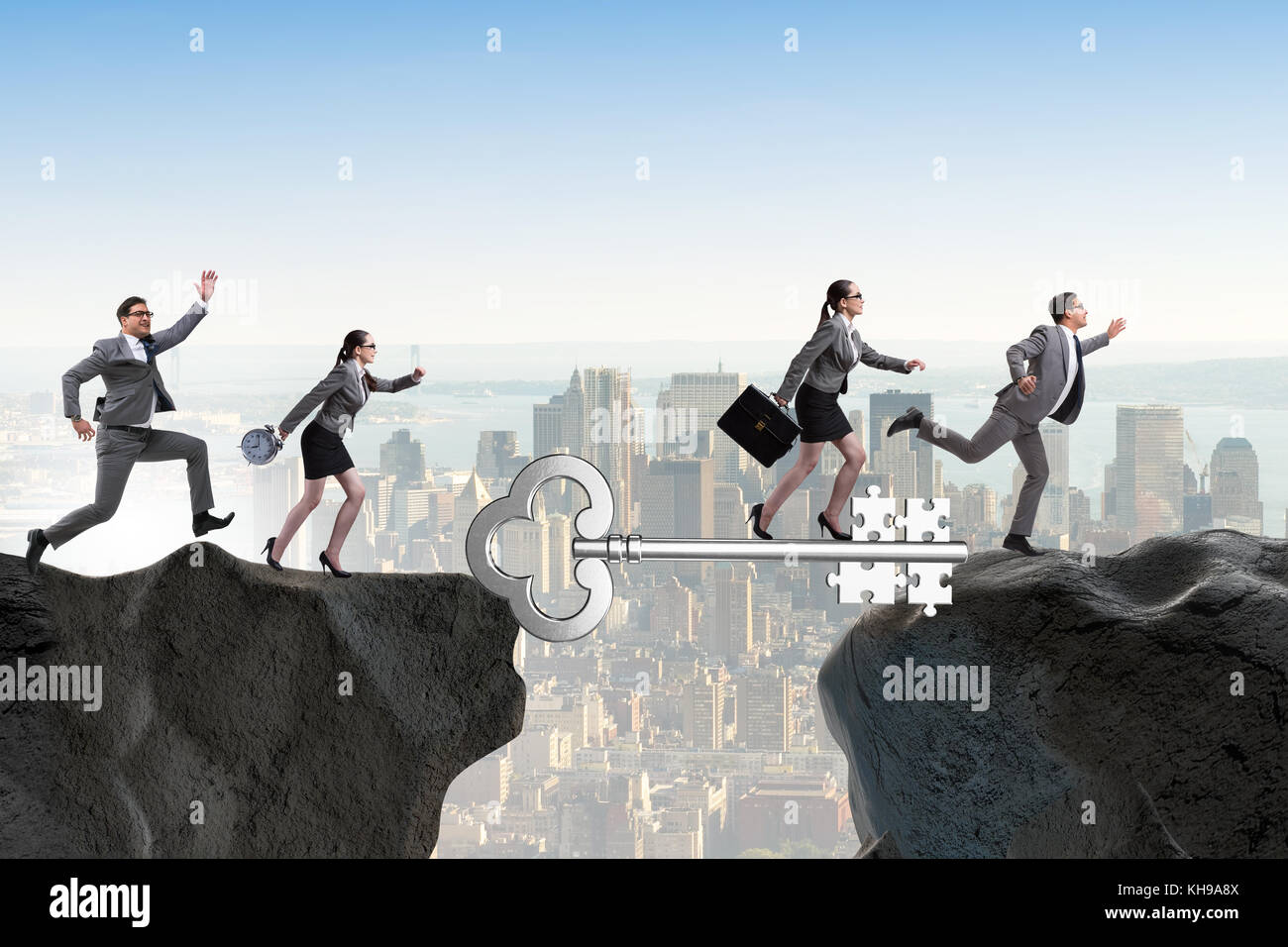 Business people chasing each other towards key to success Stock Photo ...
