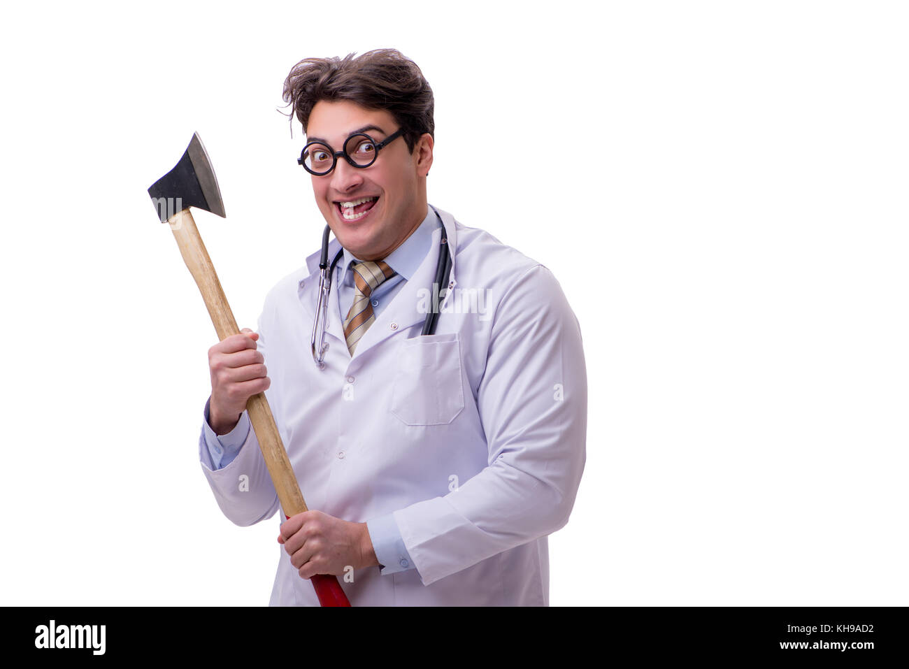 Funny doctor with axe isolated on white Stock Photo - Alamy