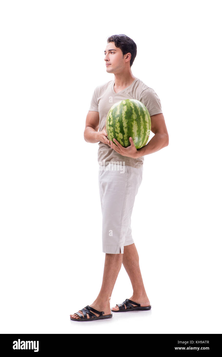 Young man with watermelon isolated on white Stock Photo - Alamy