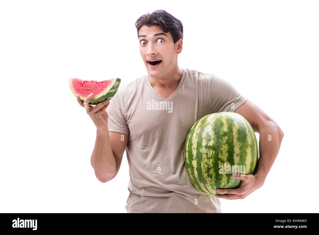 Young man with watermelon isolated on white Stock Photo - Alamy