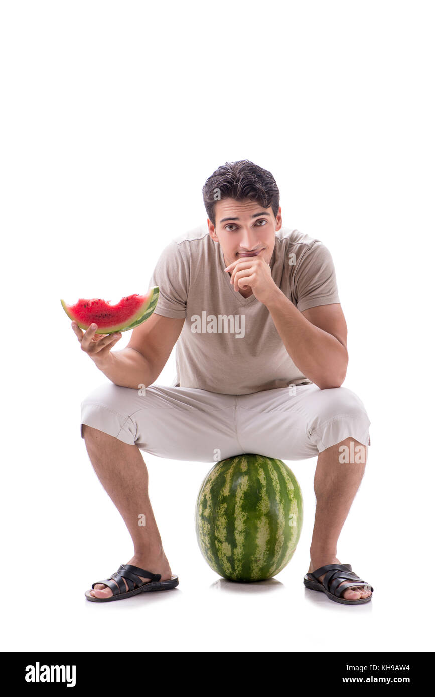 Young man with watermelon isolated on white Stock Photo - Alamy