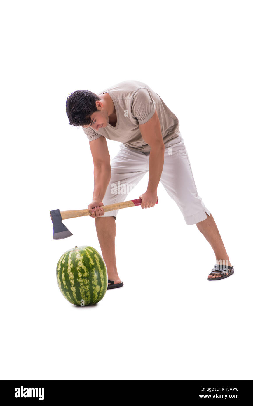 Young man with watermelon isolated on white Stock Photo - Alamy
