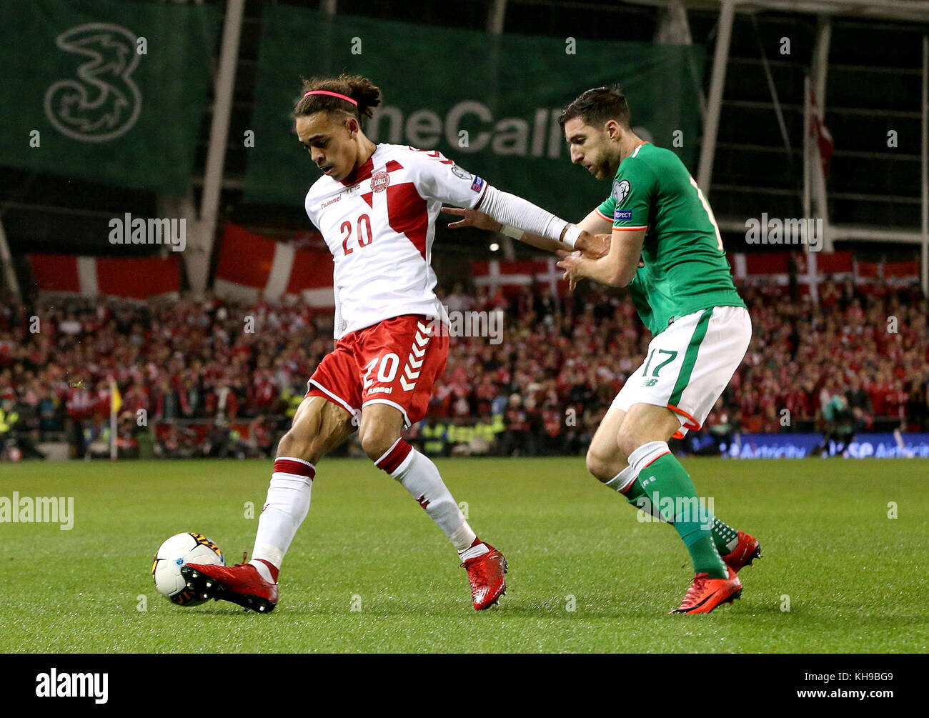 Denmark's Yussuf Poulsen (left) and Republic of Ireland's Stephen Ward ...