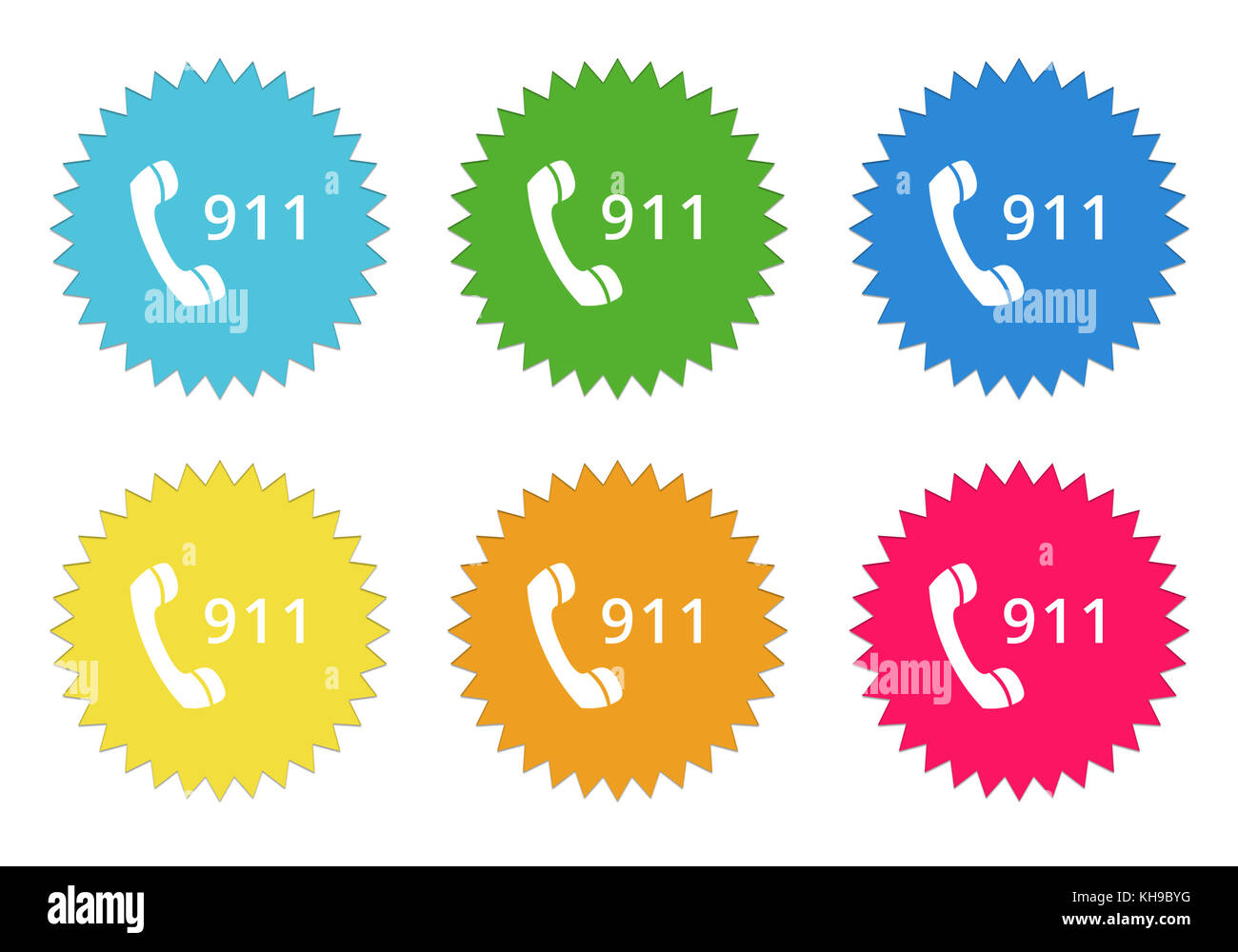 Set of rounded colorful sticker icons with 911 phone symbol in blue ...