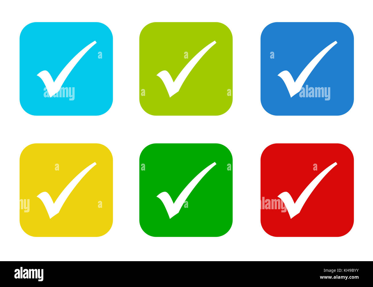 Set of rounded square colorful flat icons with check symbol in blue ...