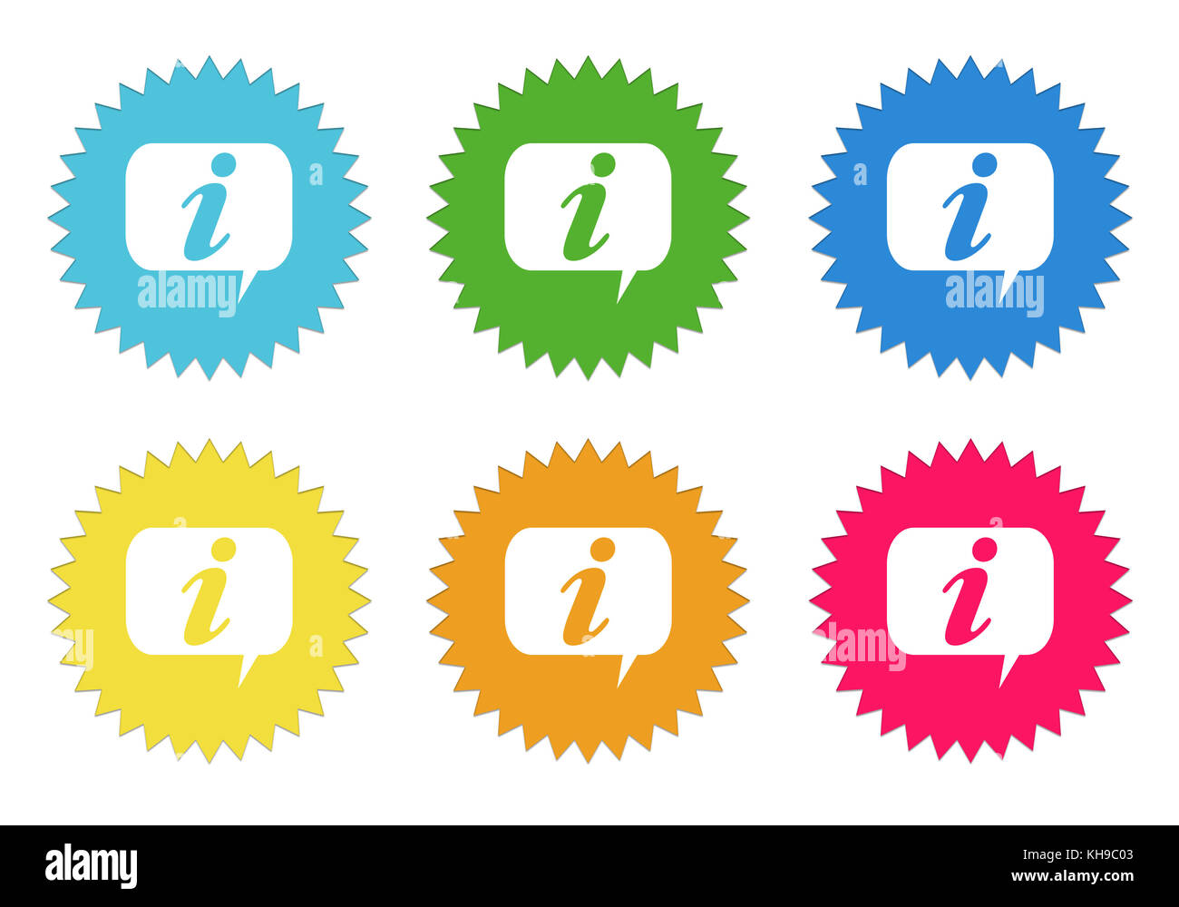 Set of rounded colorful sticker icons with information symbol in blue ...