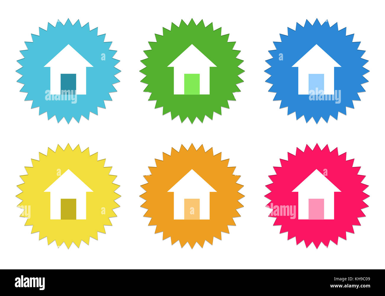 Set of rounded colorful sticker icons with house symbol in blue, green ...
