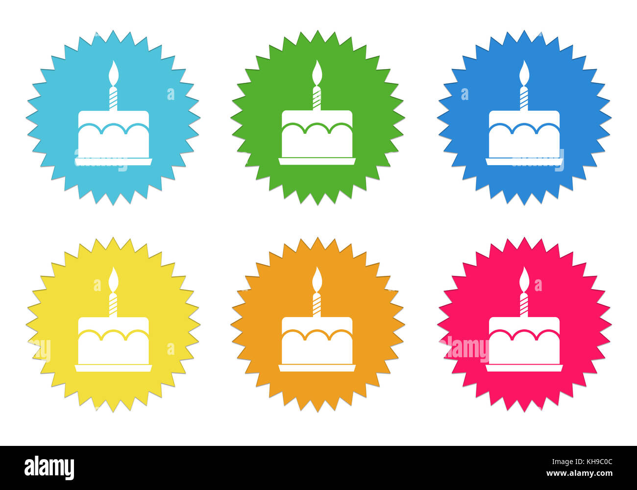 Set of rounded colorful sticker icons with cake symbol in blue, green ...