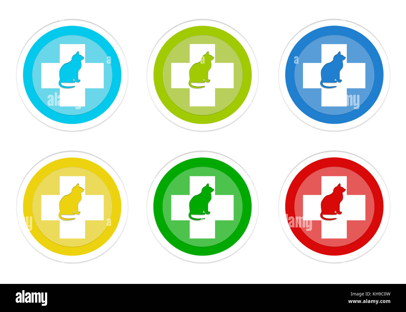 Set of rounded colorful buttons with veterinary and cat symbol in blue ...