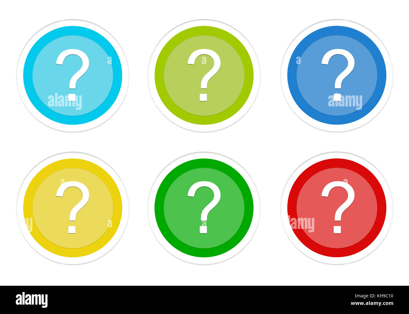 Set of rounded colorful buttons with question mark symbol in blue ...