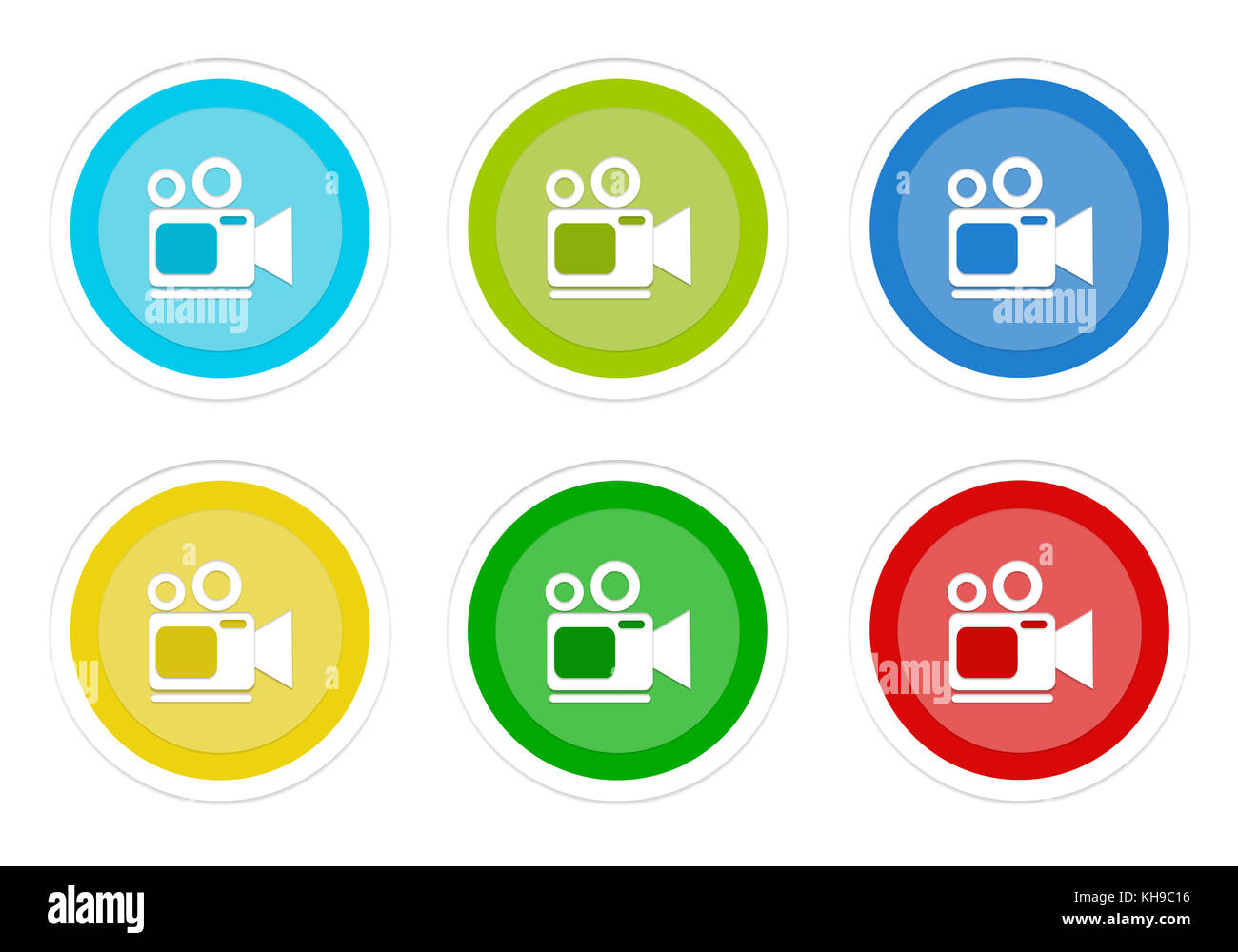 Set of rounded colorful buttons with movie camcorder symbol in blue ...