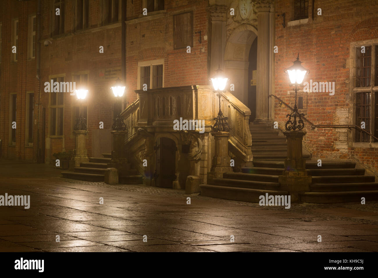 Entrance to the Main Town Hall in Old Town of Gdansk in the fog at ...