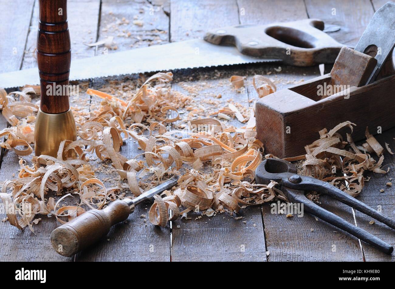 Carpenter tools on a work bench carpentry Stock Photo - Alamy