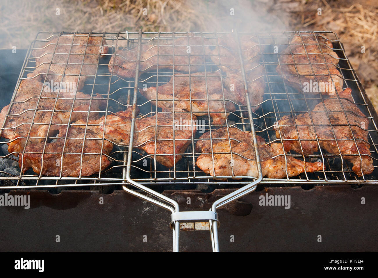 Juicy slices of meat cooking on an open flame grill. Roasted meat with ...