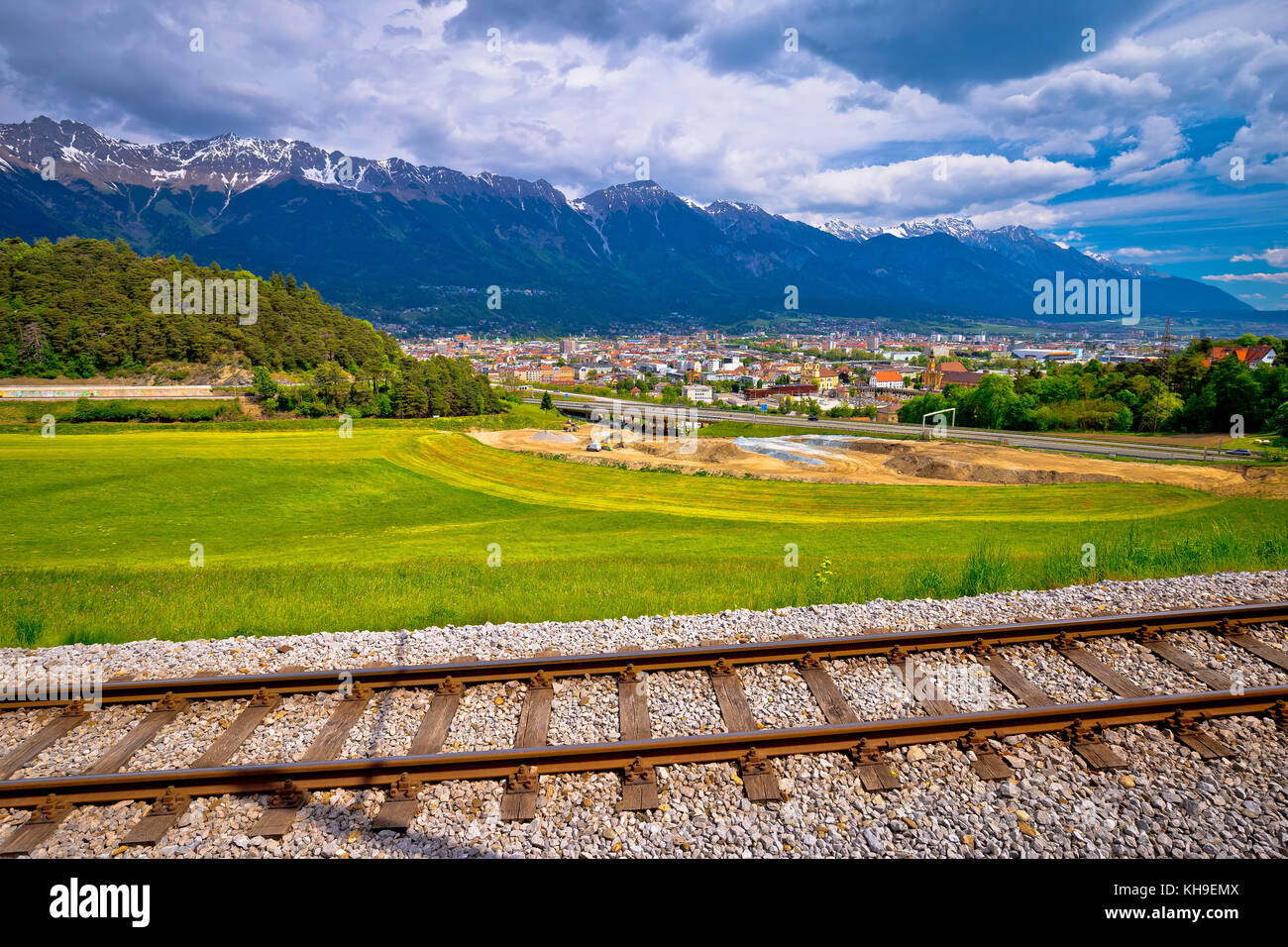 Panoramic aerial view of Innsbruck and Hafelekarspitze mountain with ...