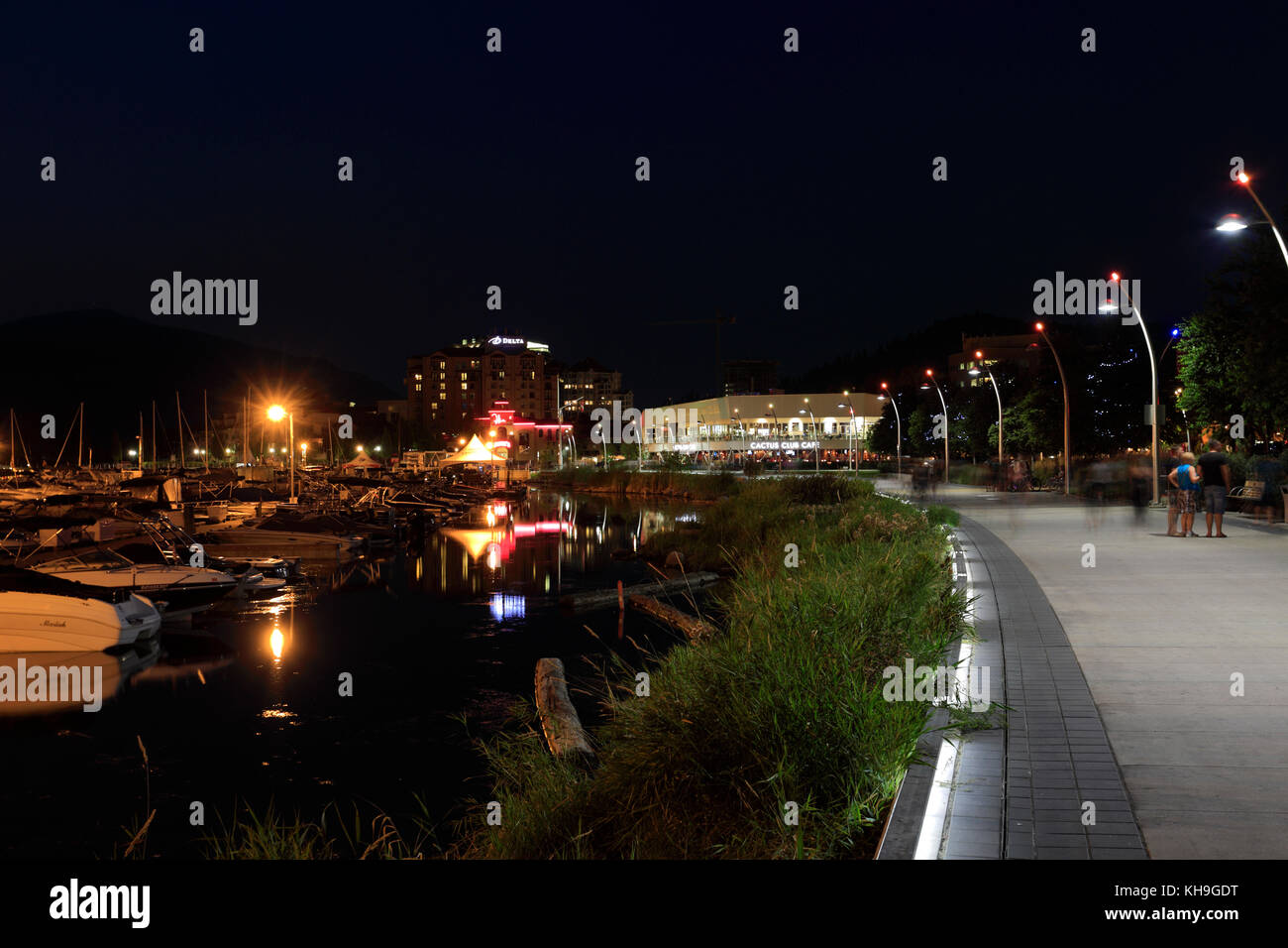 Waterfront boat marina, at night, Stuart park, Kelowna City, Okanagan ...