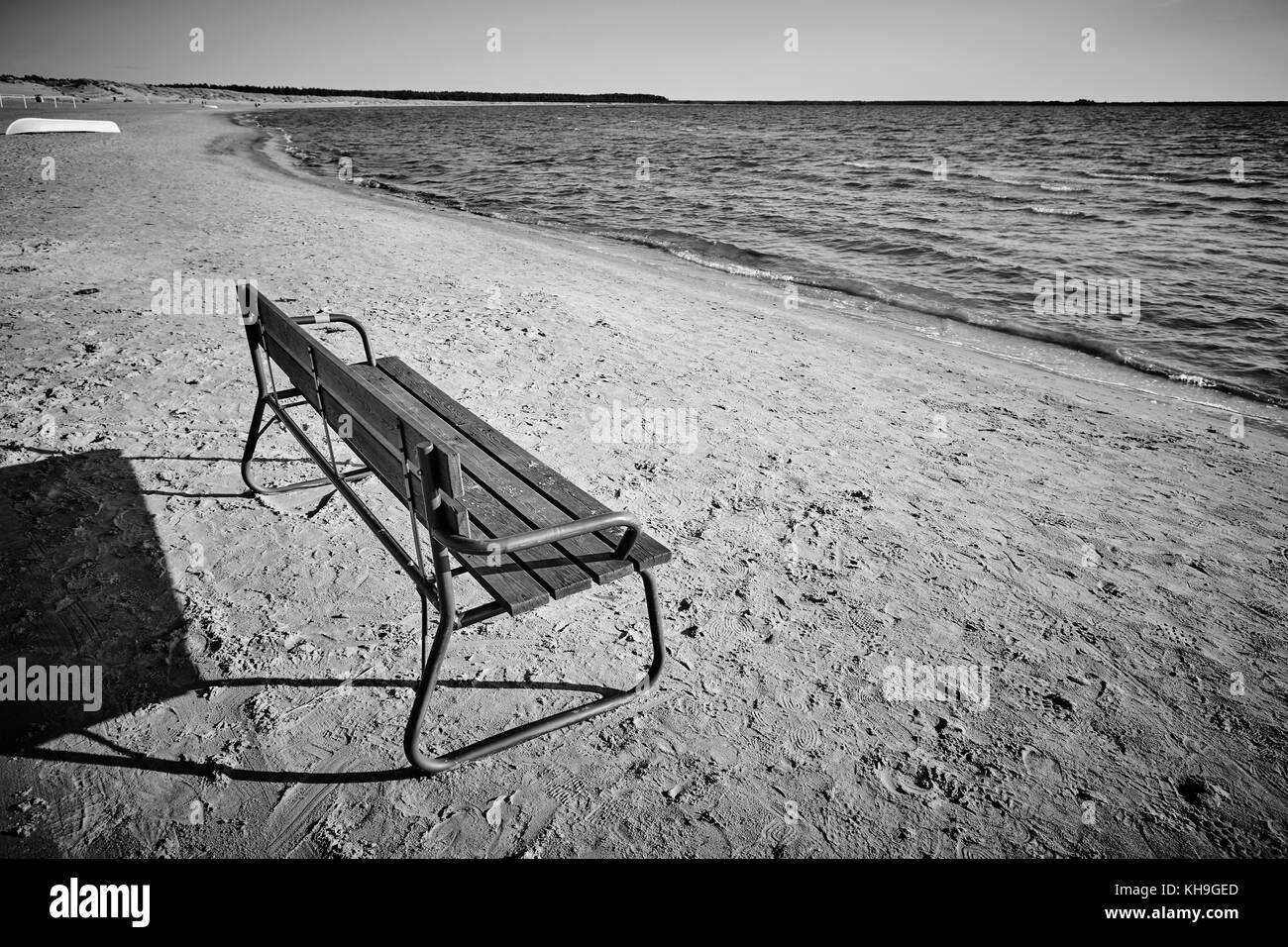 Sand beach with bench in Finland. Yyteri area. Summer holidays Stock ...