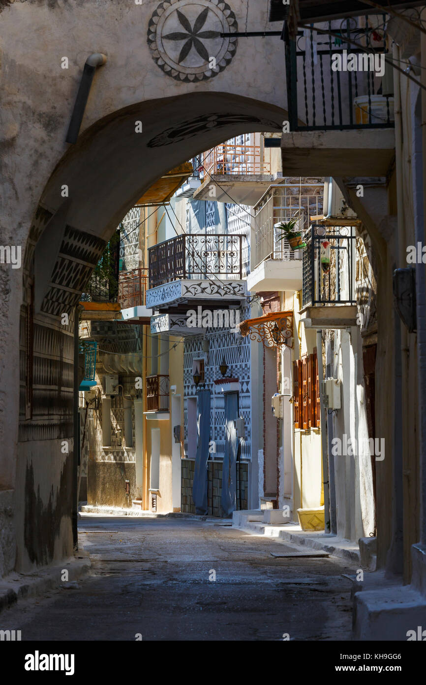 Traditionally decorated facades of houses in Pyrgi village on Chios ...