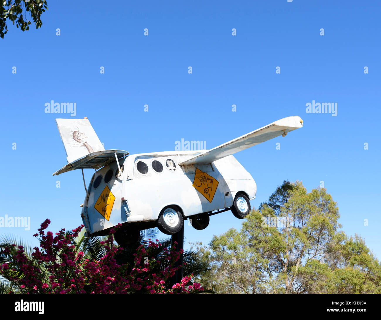 Flying campervan 'Emus on the Plane' by the artist John Murray seen at ...