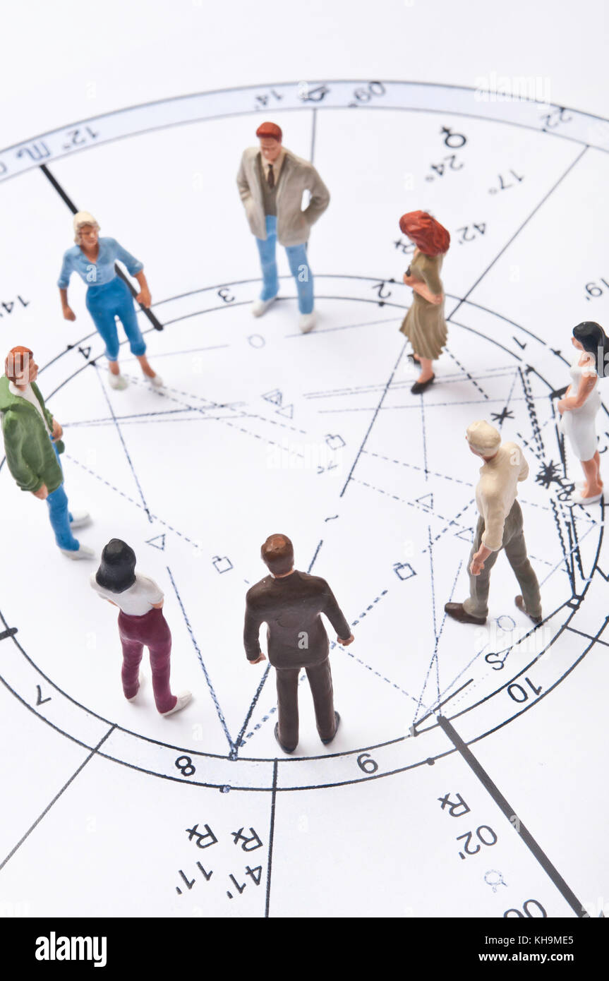 zodiac chart and people figurines, social media and astrology Stock ...