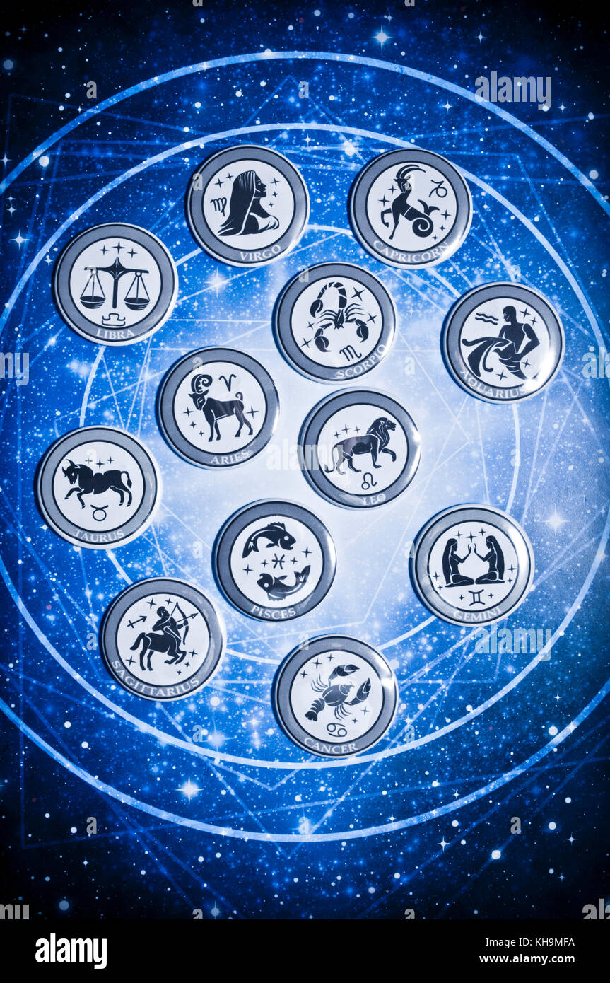 all signs of the zodiac on a blue chart Stock Photo - Alamy
